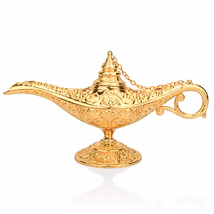 LAUYOO Classic Aladdin Magic Genie Lamp Legend Wishing Light Costume Lamp Metal Carved Arabian Props for Home Tabletop Decoration Party Birthday Halloween Christmas Size 7 x 20.7 x 11.3CM-Gold
