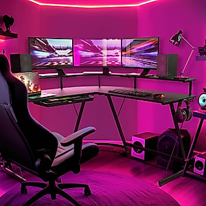 SHW L Shaped Gaming Desk with Full Around Monitor Stand and Drawer, Black