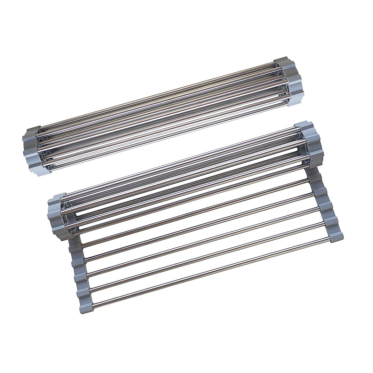 Roll Up Dish Drying Rack 14.5”(L) x 14”(W) Stainless Steel and Silicone Dish Drying Mat Over The Kitchen Sink Foldable Drain Rack Multipurpose Dish Drainer Fruits and Vegetable Rinser (Gray)