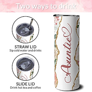 owbgsdh 20 oz Aunt Skinny Tumblers with Lid and Straw, Auntie Stainless Steel Vacuum Insulated Travel Coffee Mug Cup Water Bottle, Auntie Birthday Gifts for Aunt