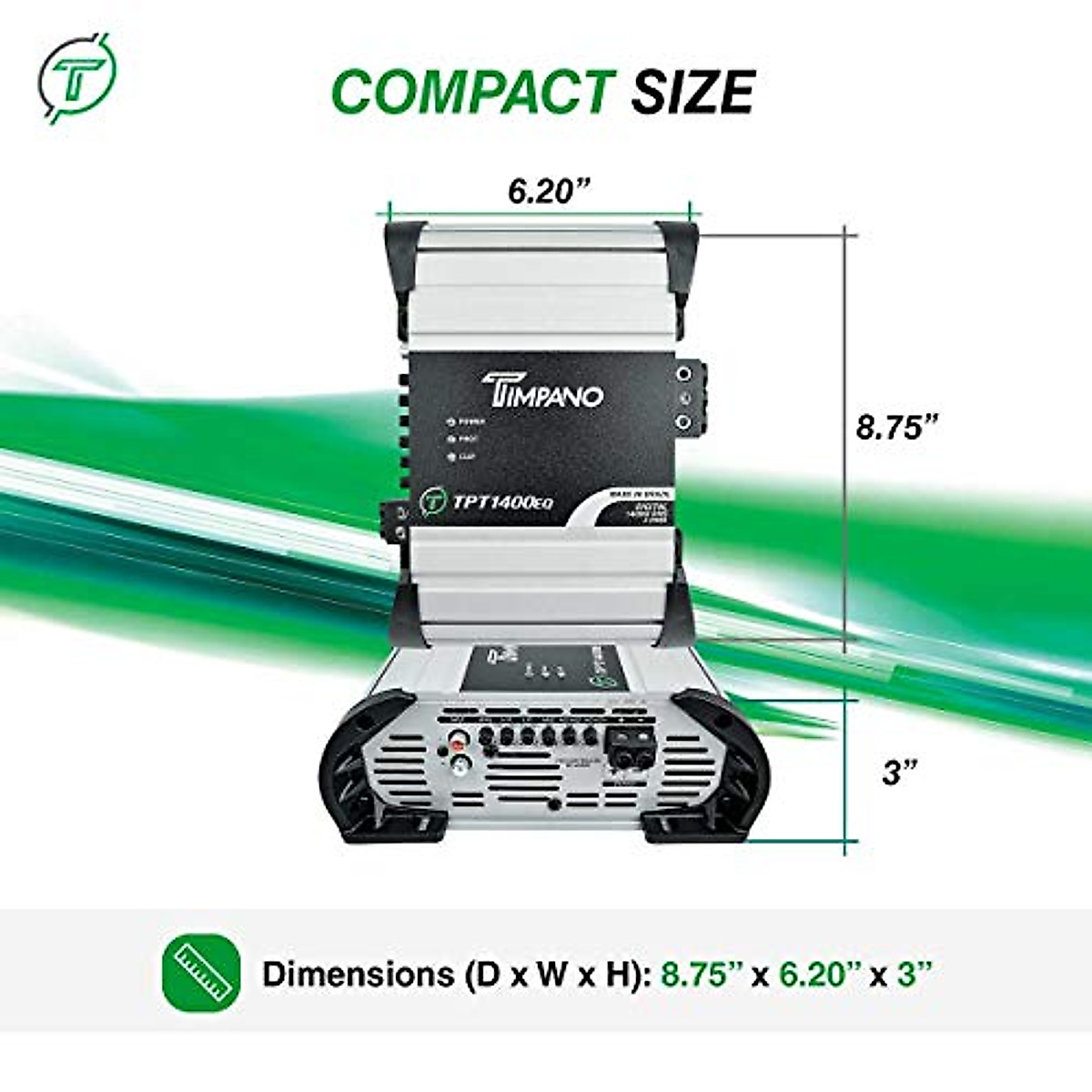 Timpano 1 Channel TPT1400EQ Compact Car Audio Amplifier - 1400 Watts at 2 Ohms - 12 Volts Full Range Class D Small Sized Monoblock Amp with Built-in Equalizer