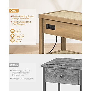SICOTAS Rattan Nightstands Set of 2 - Boho Night Stand with Type-C Charging Station & Rattan Drawer - Bed Side Table End Table for Bedroom Living Room - Natural Oak