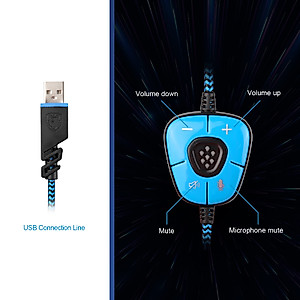 SADES SA902 Stereo Gaming Headset 7.1 USB Surround Sound PC Headsets Over-Ear Gaming Headphones with Microphone LED Light Black Blue