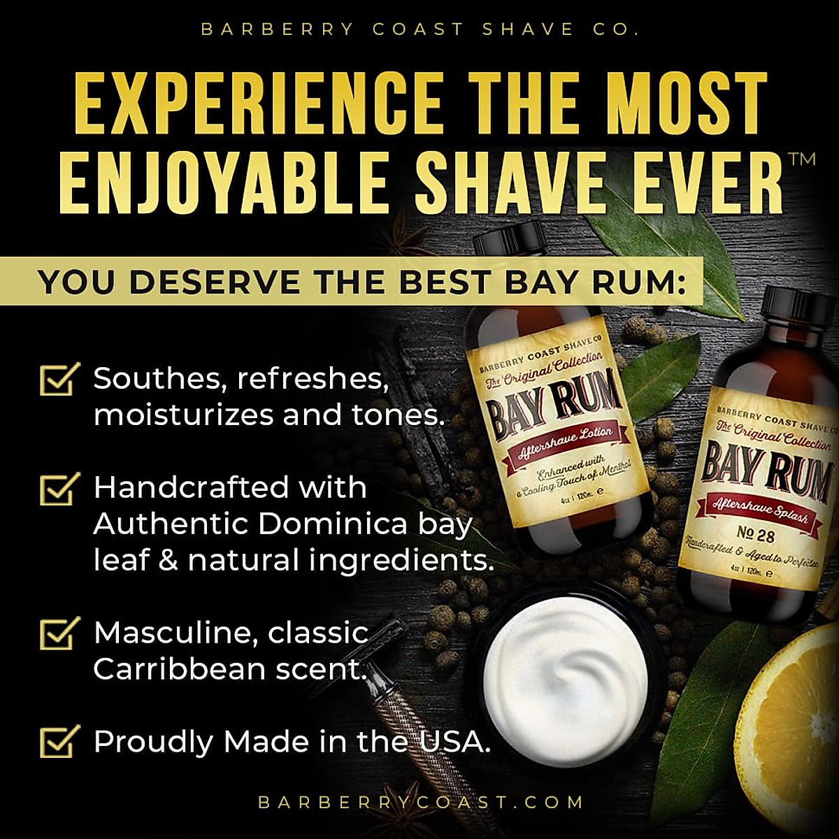 Bay Rum Aftershave Splash for Men - Crafted with Authentic Bay Oils from Dominica Republic in the Virgin Islands - Natural and Pure Ingredients - 4oz. - from Barberry Coast Shave Co.