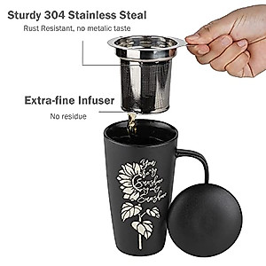 Taimei Teatime Ceramic Tea Mug with Infuser and Lid, 15.5 oz Tea Infuser Mug with Large Strainer for Steeping Loose Leaf Tea, Women Man Office Home Gift, Black