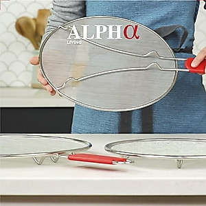 ALPHA LIVING Splatter Guard for Frying Pan & Food Strainer and Universal Cookware 13" - Stops Hot Oil Splash - RED Handle - Splatter Screen for Cooking