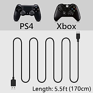 GEEKRIA Micro USB Extension Charging Cable Compatible with Playstation 4, DualShock 4, PS4 Slim/Pro, Xbox One S/X, Elite USB-A to Micro USB Splitters Charger Cord (2 Pack, 5.6FT, Black)