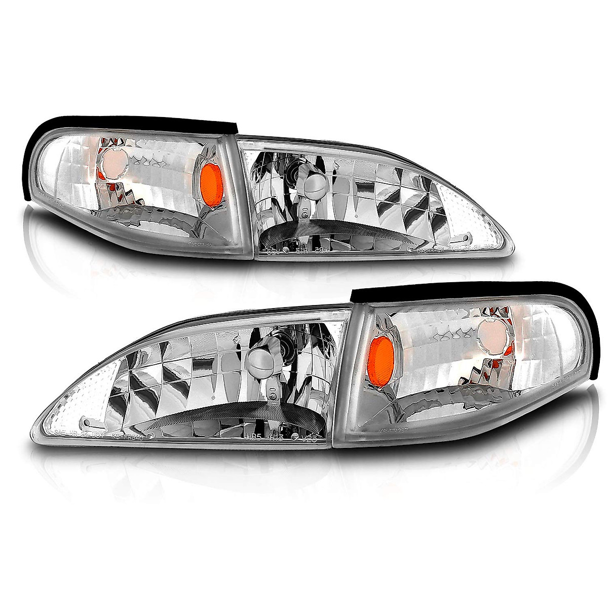 AmeriLite Chrome Replacement Headlights Corner Turn Signal Set For 94-98 Ford Mustang - Passenger and Driver Side