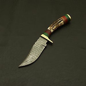 Handmade Damascus Steel Hunting knife Handle Stag Horn Bolster Beautiful Handle comes with Pure Leather Sheath | Camping Damascus Knife EDC