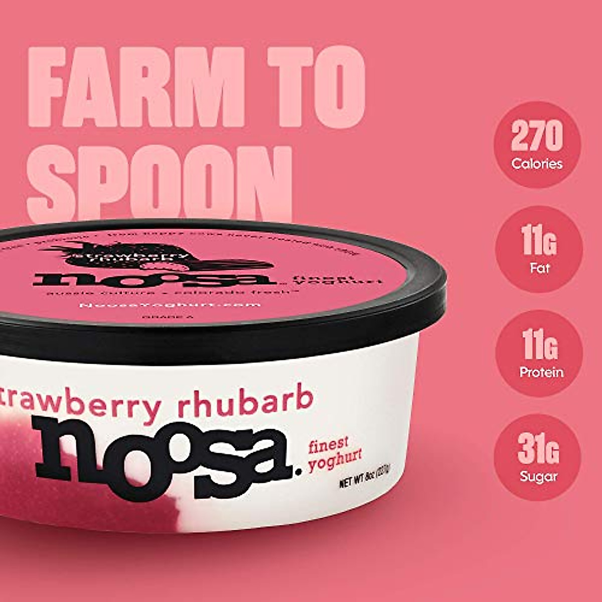 noosa Yoghurt, Strawberry Rhubarb, 8oz, Probiotic, Whole Milk Yogurt, Real Strawberries, Rhubarb, No Artificial Ingredients, Gluten Free