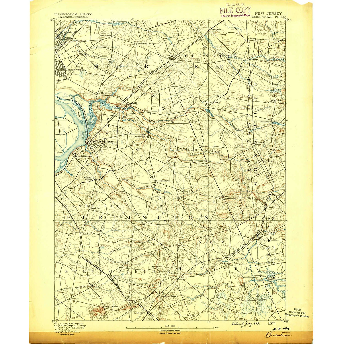 YellowMaps Bordentown NJ topo map, 1:62500 Scale, 15 X 15 Minute, Historical, 1888, 20 x 16.6 in - Paper