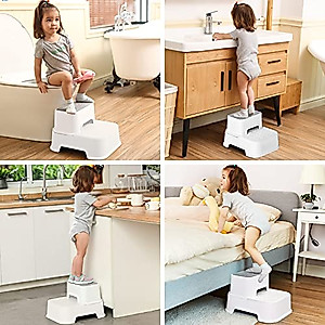 Two Step Stool for Kids, Double up Toddler Step Stool for Potty Training, Kitchen, Bathroom, Toilet Stool with Anti-Slip Strips for Safety, Stackable, Wide Step (1 Pack White)