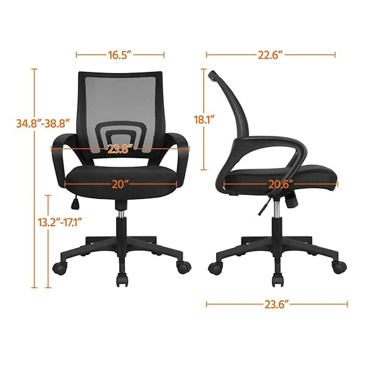 Home Office Chair Ergonomic Desk Chair, Adjustable Mid Back Mesh Swivel Office Chair with Armrests, Executive Rolling Swivel Adjustable Mid Back Task Chair, Black