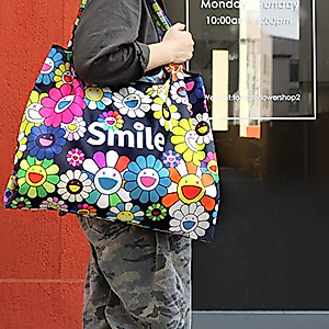 FORZEN Reusable Bags Cute Fashion Shopping Bags Large Grocery Bags with Pouch for Women Girl Heavy Duty Lightweight Washable Foldable Durable Smile Flower(1PC)