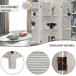 Babion Room Divider with Shelves, Wooden Room Divider Wall, 4 Panel Folding Privacy Screens, Freestanding Room Partition for Office Kitchen Bedroom Balcony (Pure White)