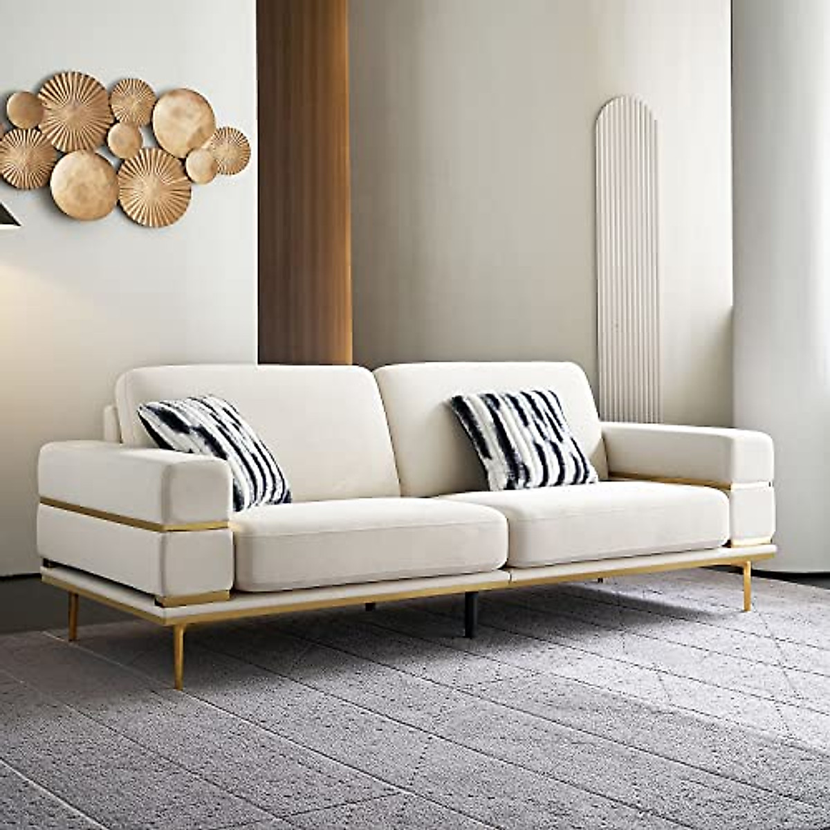 Neylory Modern Velvet Sofa Couch for Living Room,83 Inches Big Comfy Couch Upholstered 3 Seater Sofa with 2 Pillows Square Arm and Metal Legs Decor Furniture for Bedroom,Office(Beige)