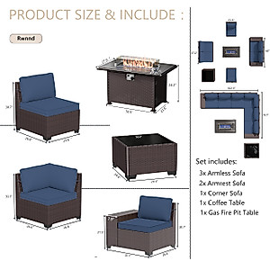 Rwnnad Patio Furniture Set Sofa 7-pcs Wicker Sectional Sofa Set with 55,000 BTU Gas Fireplace Table,Outdoor Furniture Rattan Sets with Tempered Glass Coffee Table