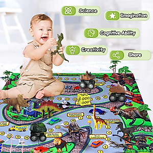 SHIRLIN Dinosaur Toy Figure w/ Activity 46''× 32'' Large Play Mat & Trees, Educational Realistic Dinosaur Playset Including Triceratops Velociraptor Gifts for Kids Boys & Girls