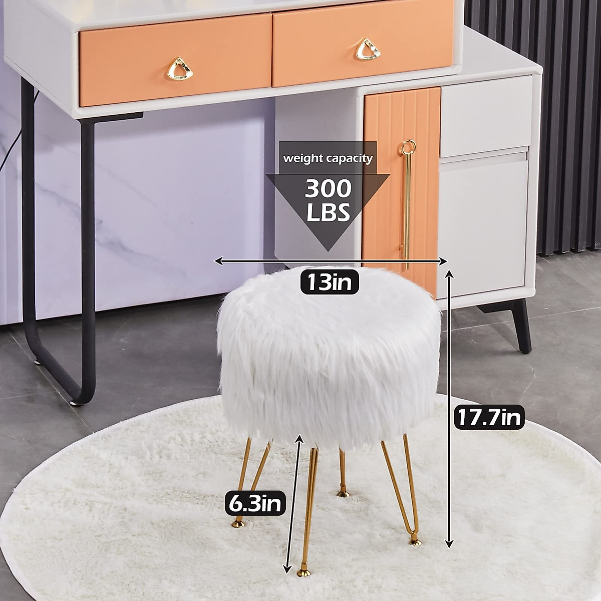 Mxfurhawa Faux Fur Storage Ottoman Round Furry Vanity Stool Marble Grain Tray Coffee Table Compact Footrest Stool with 4 Metal Legs Soft Makeup Seat Foot Stools for Living Room Bedroom Entryway White