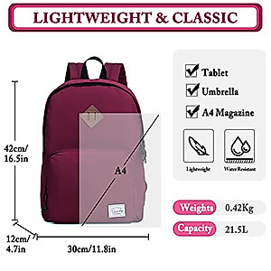 VASCHY School Backpack, Ultra Lightweight Backpack for Women Bookbag for Kids Teen Boys Girls Burgundy