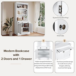 Merax 83.4" Tall Storage Bookshelf Bookcase 2-Piece Set with LED Lighting,2 Doors and 1 Drawer and Open Shelves for Home Office,White