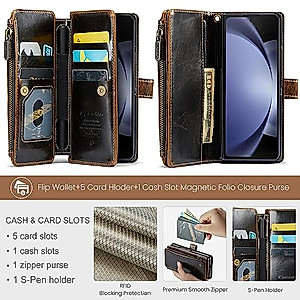 CaseMe for Samsung Galaxy Z Fold 5 Case with S Pen Holder, Z Fold 5 Wallet Case with Card Holder for Women Men, RFID Blocking Kickstand Zipper Shockproof Phone Case for Galaxy Fold 5, Luxury Coffee