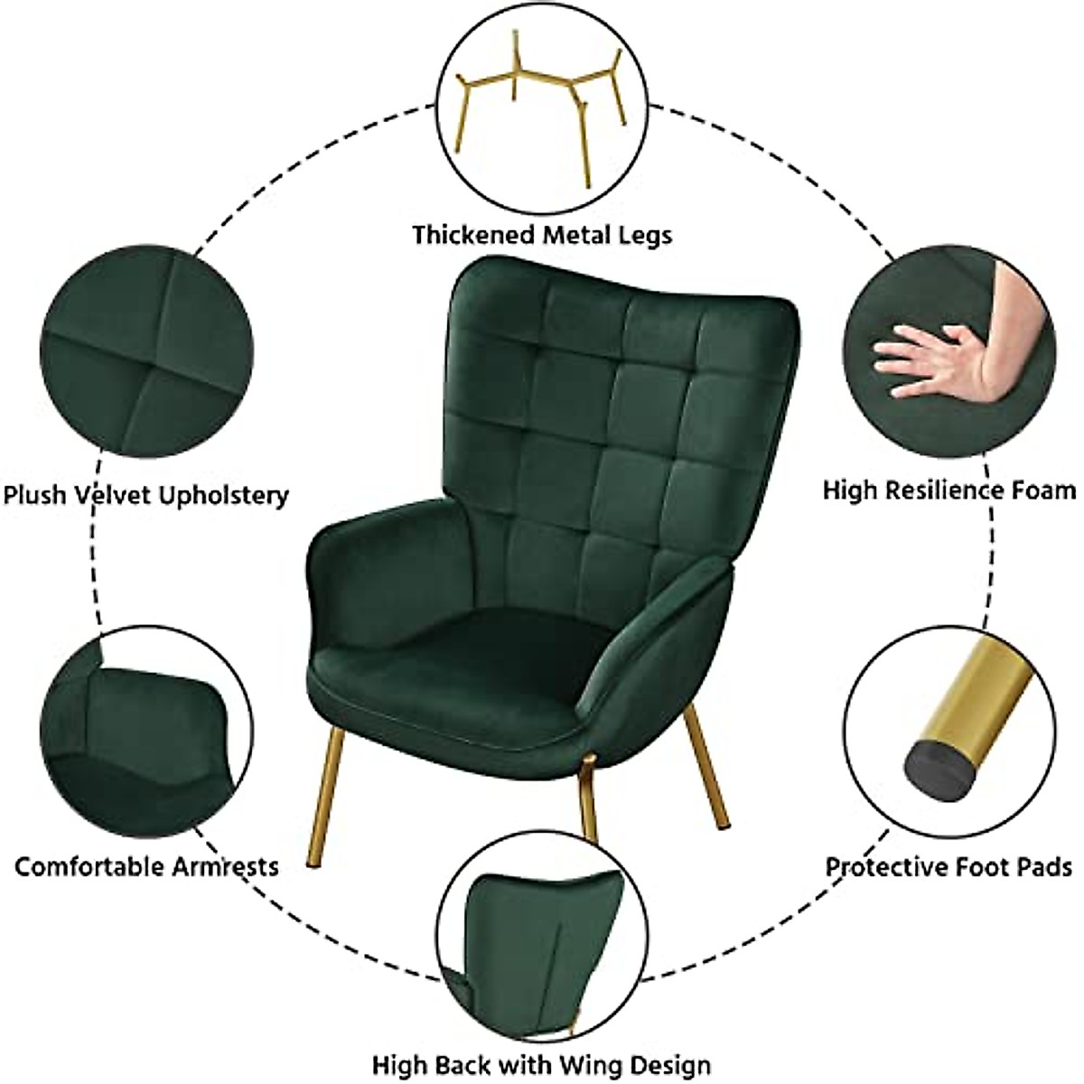 Yaheetech Armchair, Modern Accent Chair High Back, Vanity Chairs with Gold Metal Legs and Soft Padded, Tufted Sofa Chairs for Home Office/Bedroom/Makeup Room/Dining Room, Green