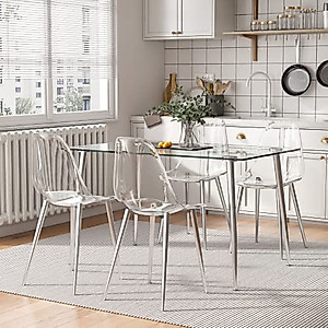 51 inch Glass Dining Table Set for 4, Dining Table & Chair Sets with Silver Plating Legs for Kitchen, Modern Rectangle Tempered Glass Table Top and Transparent Plastic Dining Chair for Dining Room