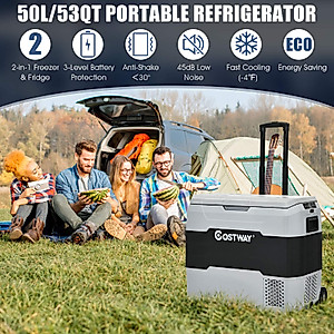 COSTWAY Car Refrigerator with Wheels, 53-Quart Dual-zone Electric Cooler with Telescopic Handle, 12V/24V DC, 100-240V AC, -4°F To 50°F, Portable Fridge Freezer for RV Camping Travel Home, Grey+Black