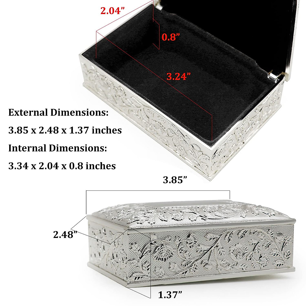 Hsiwto Small Rectangle Vintage Metal Jewelry Box Trinket Gift Chest Ring Case for Girls Ladies Women, Silver