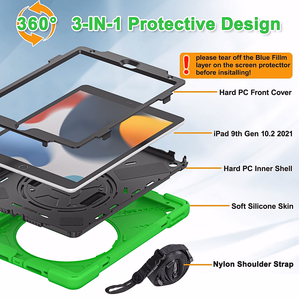 BRAECNstock for Apple iPad 9th 8th 7th Generation Case 2021 2020 2019 Shockproof iPad 10.2 Case Cover with Screen Protector Pen Holder Rotating Stand+Hand Strap Kids Case for iPad 9th 8th Gen - Green