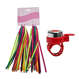 BESPORTBLE 2Pairs Bike Streamers Ribbons+ 1 Bicycle Bell Set Scooter Grips Tassels Bike Accessories for Kids Boys Girls(Random Color Tassels and Red Bell)