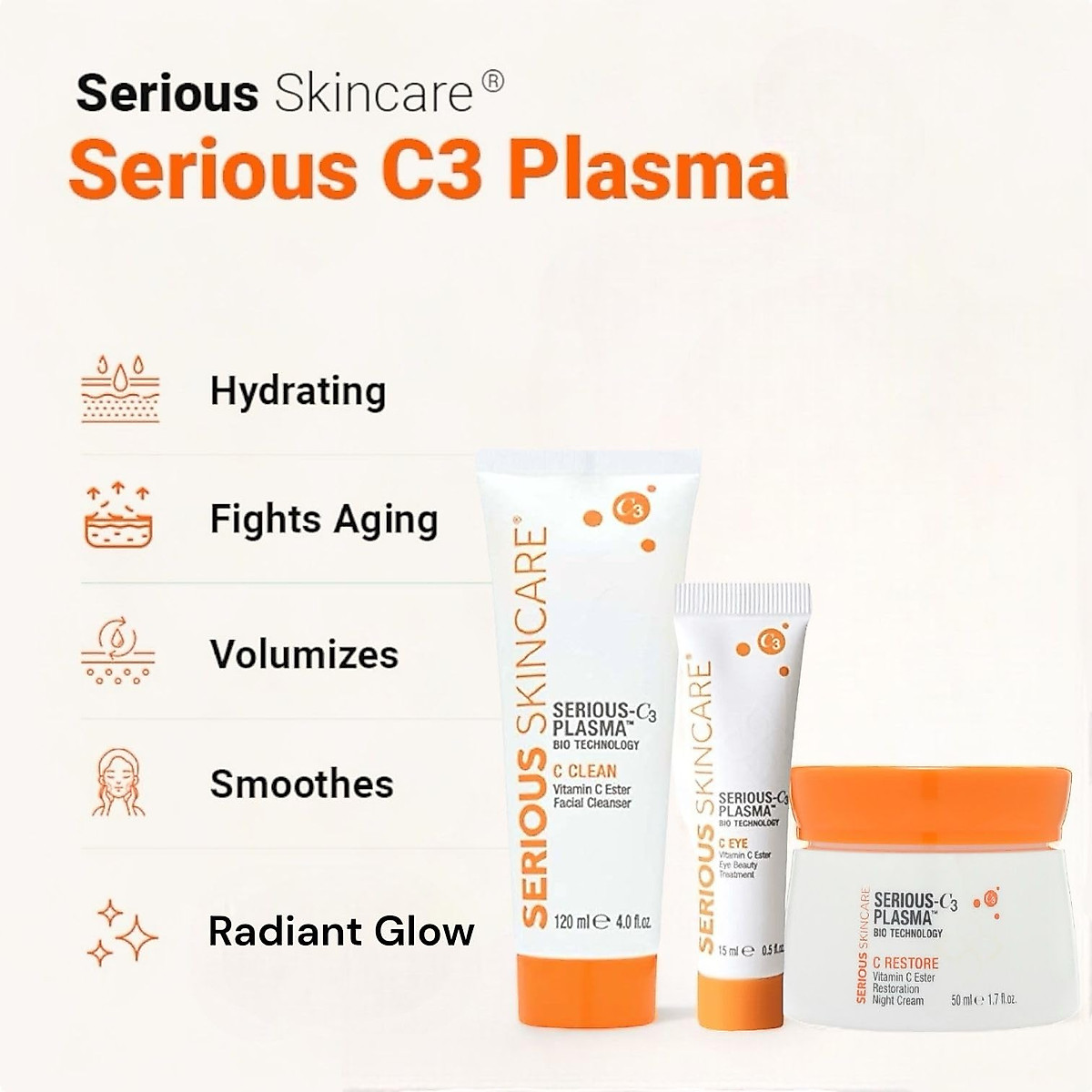 Serious Skincare - Serious C3 Vitamin C Plasma Night Trio Set - C-Restore Night Cream, C Eye Beauty Treatment and C Clean Facial Cleanser - Fine Lines, Mature Dry Skin - Smoother Radiant Skin