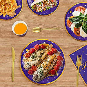 168PCS 50th Birthday Party Supplies Disposable Paper Plates Napkins Cups Knives Spoons Forks for Men women Purple and Gold 50 Birthday Party Decorations Serve 24