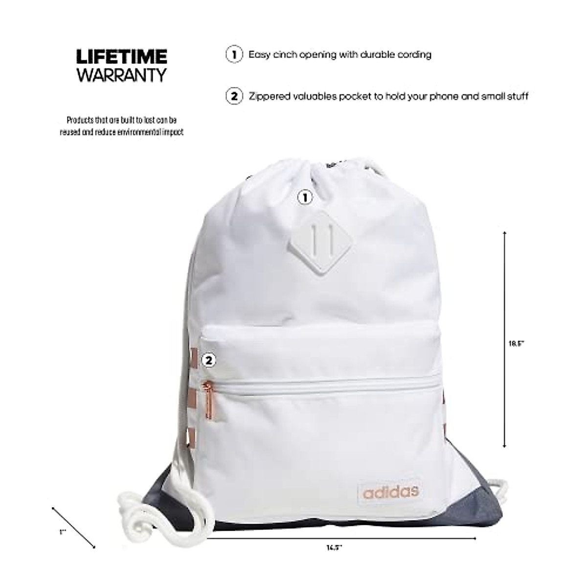 adidas Classic 3S Sackpack, White/Rose Gold, One Size