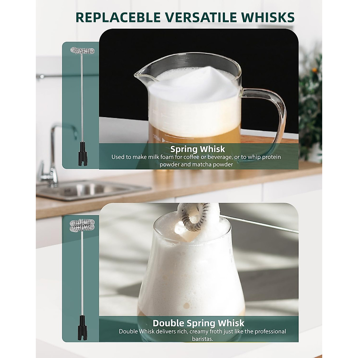 KURSINNA Powerful Rechargeable Milk Frother Handheld, USB-C Charge Foam Maker with 2 Stainless Steel Whisk & Stand, Powerful Mini Mixer Coffee Frother for Frappe, Latte, Matcha (13000RPM USB-C Charge)