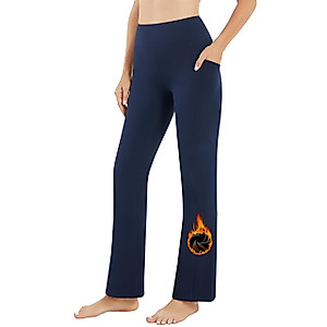 AFITNE Fleece Lined Pants Women Flare Leggings Bootcut Yoga Pants High Waisted Winter Warm Thermal Pants with Pockets-NavyBlue-M