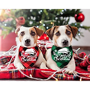 Buffalo Plaid Christmas Dog Bandanas, Double-Sided Use Triangle Bibs Kerchief,Dog Scarf with Merry Christmas Snowflakes for Small Medium Large Dogs Cats Pets,2 Pack