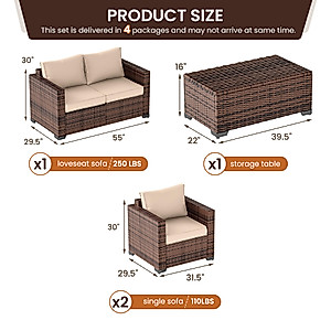 UDPATIO Outdoor Patio Furniture, 4 Pieces Outdoor Sectional Patio Set with Storage Coffee Table and Khaki Cushions, Patio Loveseats Balcony Furniture for Small Space