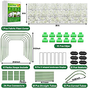 Plant Covers Freeze Protection Kit,10 x 30Ft Frost Cloth & 6Pcs Wide Garden Hoops, Floating Row Cover with Greenhouse Hoops Frost Blanket Garden Covers for Plants Vegetables Raised Beds Greenhouse