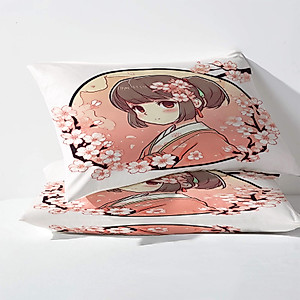 Cherry Blossom Sheets Full Size, Sakura Anime Bed Sheets, Patterned Bedding Sheets & Pillowcases 4 Piece Set - Soft Microfiber Deep Pocket Fitted Sheet & Flat Sheet & 2 Pillow Cases Z9-&-198