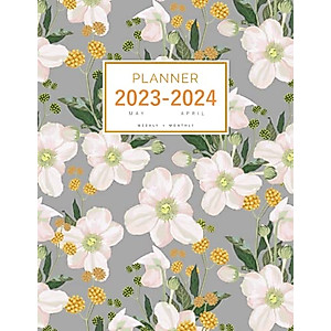 Planner 2023-2024: 8.5 x 11 Weekly and Monthly Organizer from May 2022 to April 2023 | Anemone Flower and Herb Design Gray