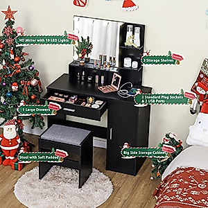 USIKEY Vanity Table Set with Lighted Mirror & Charging Station, Makeup Vanity Table with 1 Drawer, 1 Storage Cabinet, 10 LED Lights, Dressing Tables Vanity Desk with Cushioned Stool for Bedroom, Black
