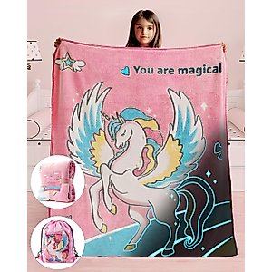 Ikowo Glow in The Dark Unicorn Blanket, Unicorn Gifts for 2 3 4 5 6 7 8 9 10 Year Old Girl, Soft Pink Unicorn Throw Blanket Birthday Easter Toys for Girls Age 6-8, 50'' x 60''