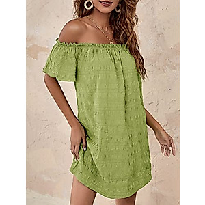 SOLY HUX Women's Sundress Off The Shoulder Short Sleeve A Line Tunic Mini Dress Solid Lime Green S