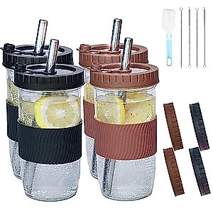 Zrlljp Reusable Boba Cup Bubble Tea Cup 4 Pack, 24oz Smoothie Cups with Lids and Silicone Sleeve & Angled Wide Straws, Wide Mouth Mason Glasses Travel Tumbler for Large Pearl