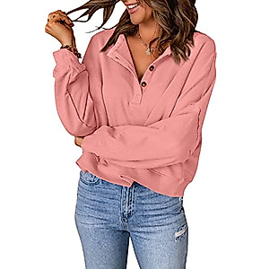 Womens Casual Long Sleeve Sweatshirts Button Up V Neck Sweatshirt Loose Solid Pullover Tops Pink