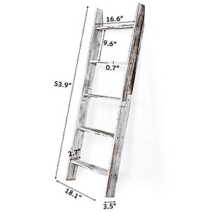 Afaris Gray Washed Wood Decorative Ladder Shelf, 4.5 Foot Wall Leaning Wooden Towel Blanket Ladder Storage Rack for Bathroom or Living Room