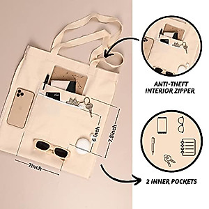 Folkulture Canvas Tote Bag with Zipper for Women | 16" x 15", 100% Cotton Reusable Grocery Bag with Pocket, Tote Bag Aesthetic for Men & Teens | Tote Bags for Work Travel Shopping (Never Stop Growing)