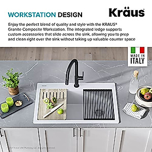 KRAUS Bellucci Workstation 33 in. Drop-In Granite Composite Single Bowl Kitchen Sink in White with Accessories with WasteGuard™ Continuous Feed Garbage Disposal, KGTW1-33WH-100-75MB